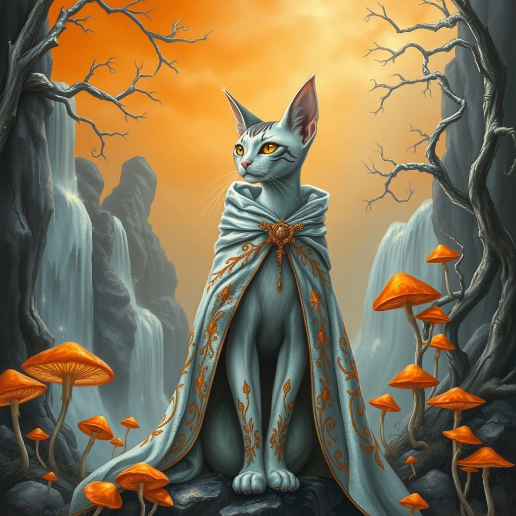 Regal Silver and Orange Elf Cat in Whimsical Fanta... - AI Art