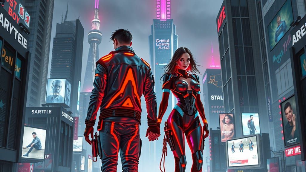 Cyberpunk Couple Embracing in a Neon-Lit Urban Jun... - AI Art