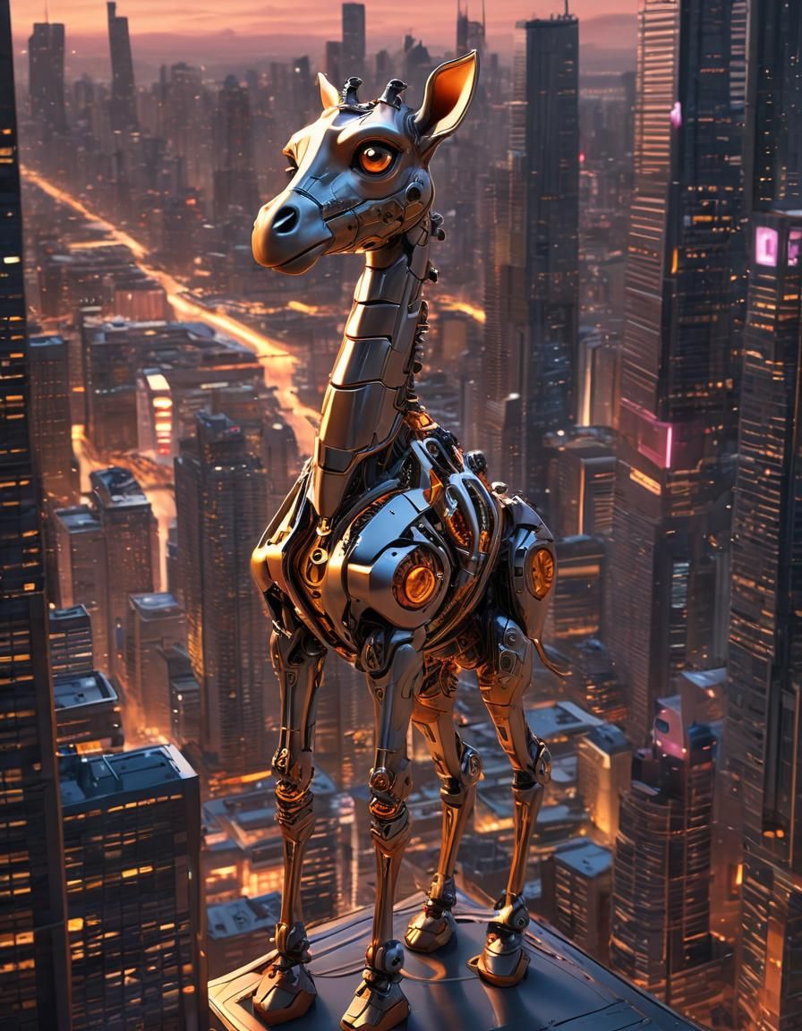 Cyber Savanna Sentinel - Cyberpunk Chibi Giraffe Sentinel Am...