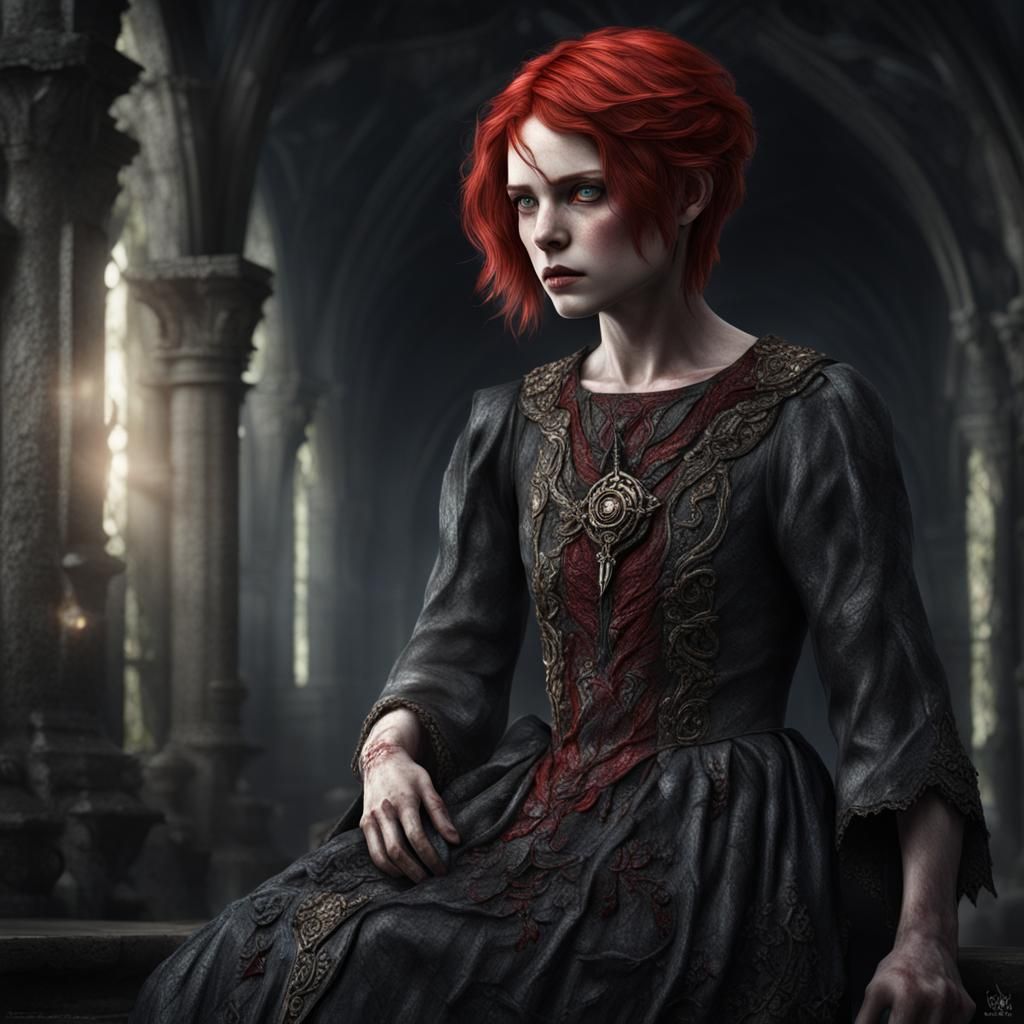 Mary Blood variant: dark pixie, fey, pale dingy tunic, short red hair ...