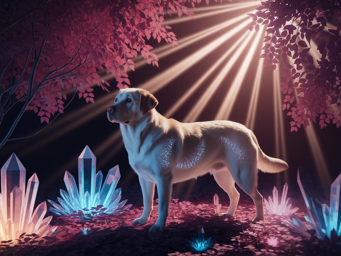 Moonlit Labrador in Vibrant Forest with Crystals a... - AI Art