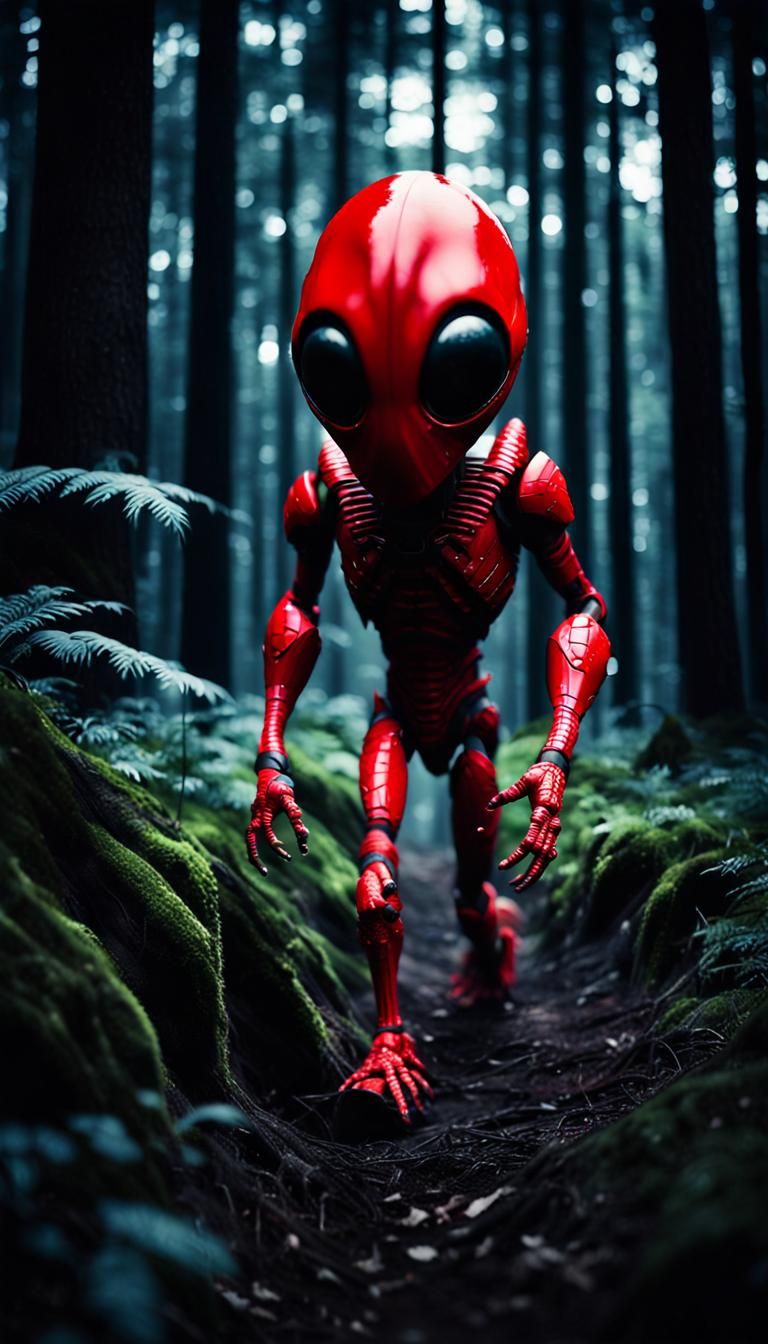 Red alien with huge black oval eyes walking dark forest. - AI Generated ...
