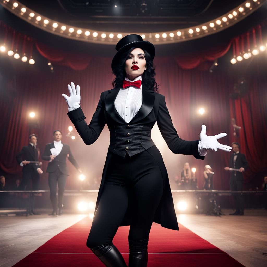 Female magician with black hair and red lipstick wearing a black tuxedo ...