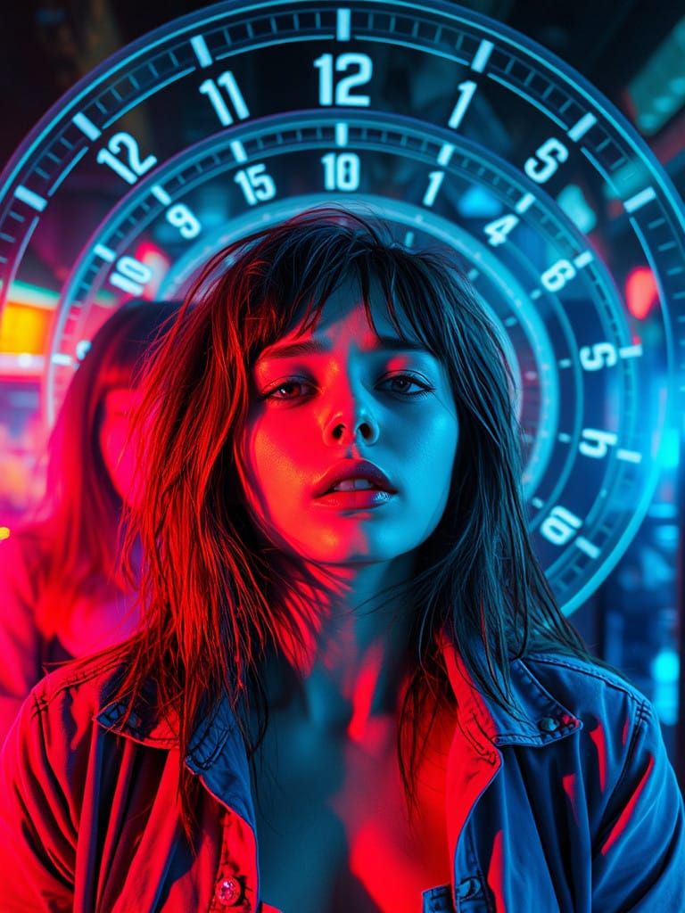 This image depicts a young woman struggling to maintain her composure as time loops and ...