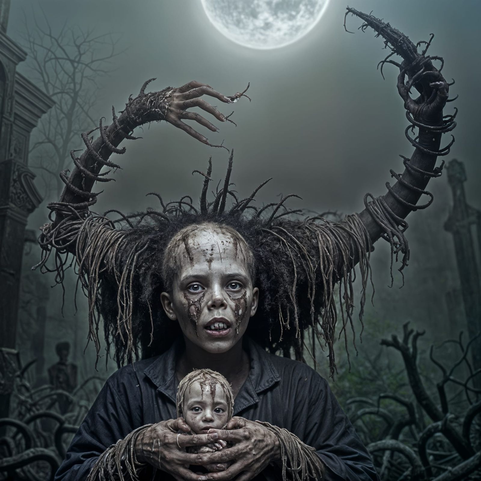 Decaying Hand Holds Afro American Baby in Abandone... - AI Art