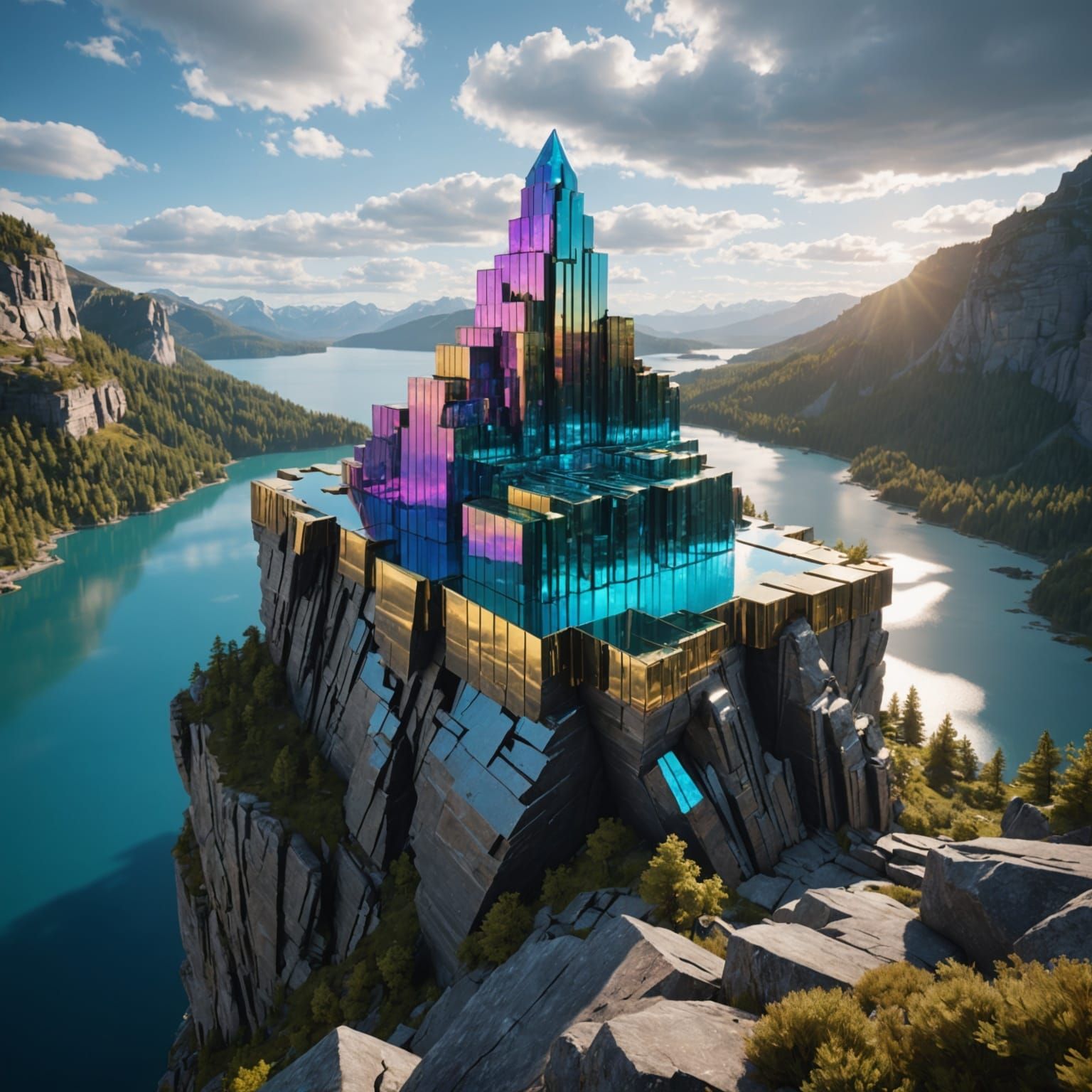 Bismuth Crystal Building Overlooking Azure Lake - AI Art