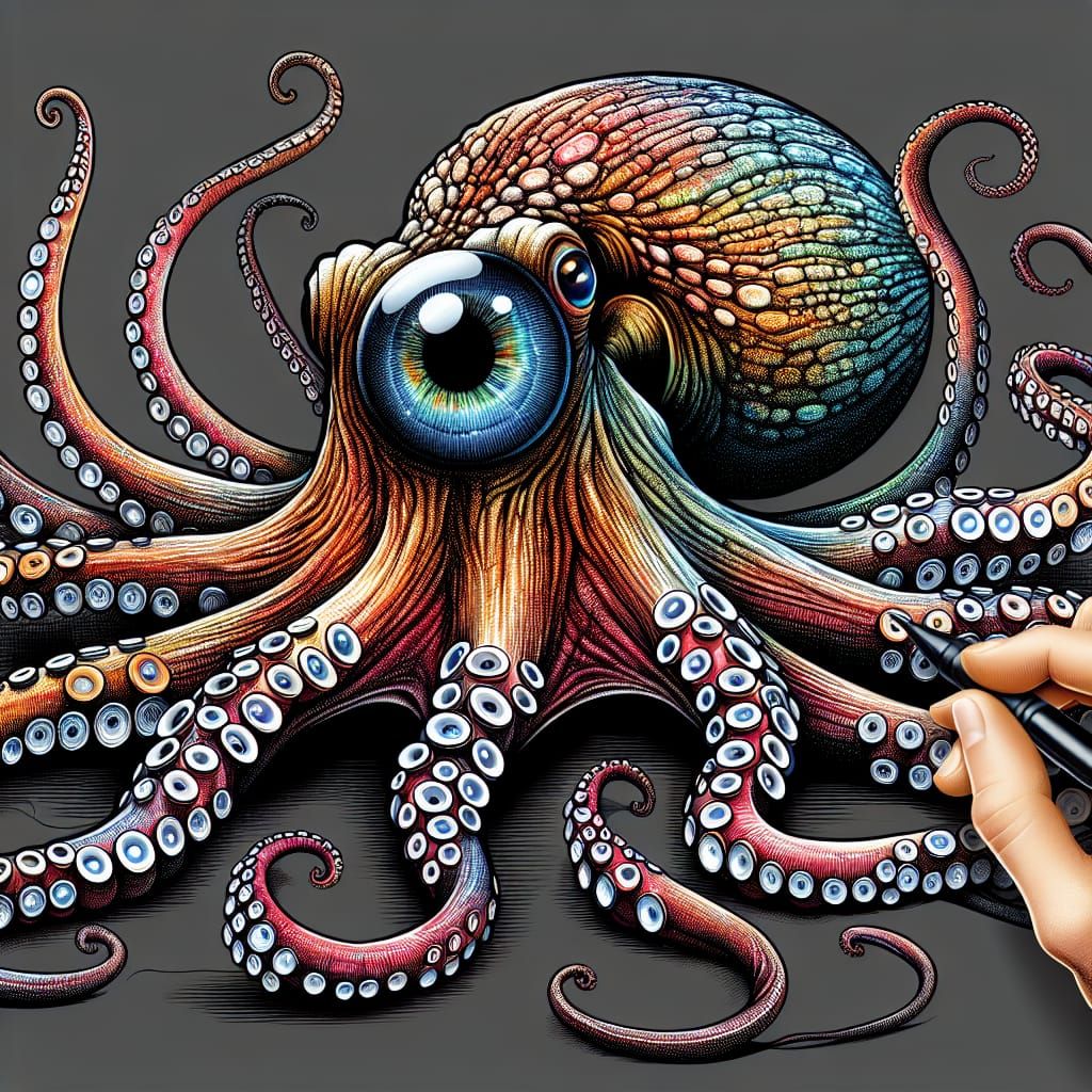a mega octopus, each tentacle is detailed with suction cups, large eyes ...