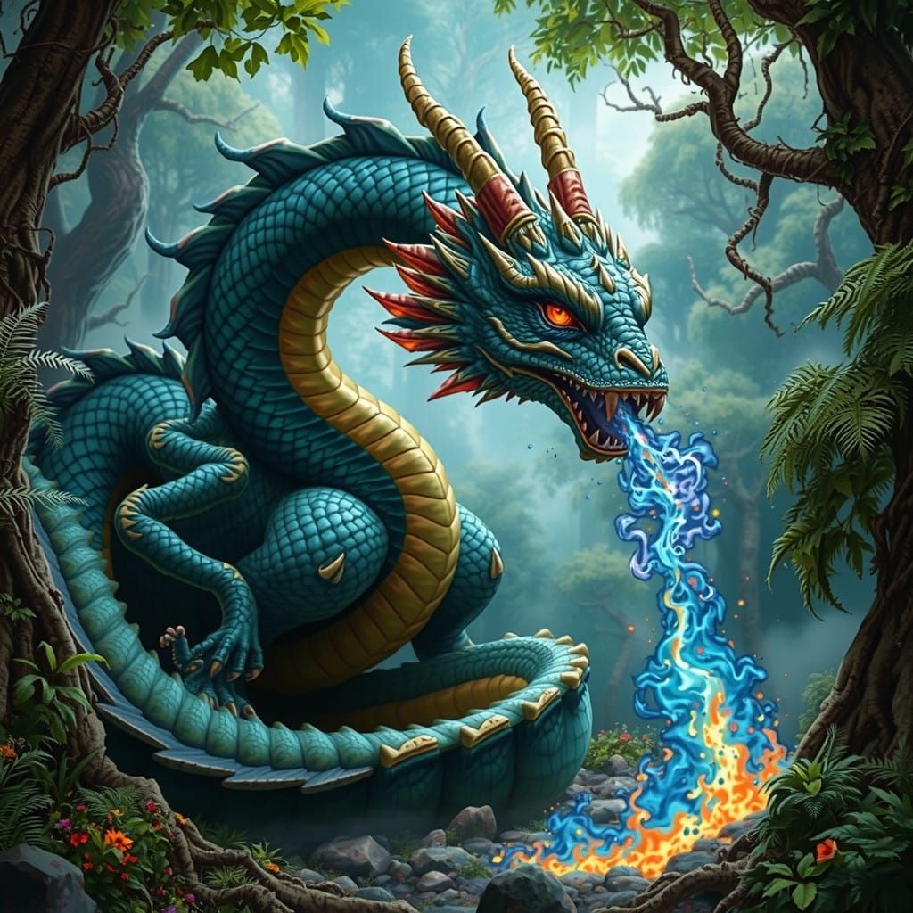 Dragon Unleashes Electric Blue Inferno in Mystical... - AI Art