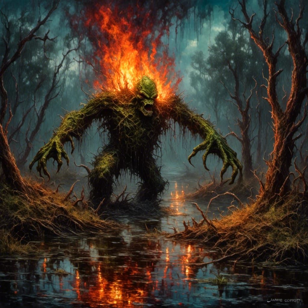 swamp thing on fire in the bayou - AI Generated Artwork - NightCafe Creator