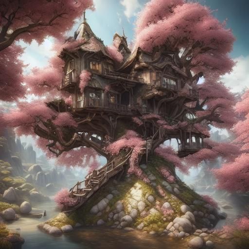 sakura treehouse with many cherys - AI Generated Artwork - NightCafe ...