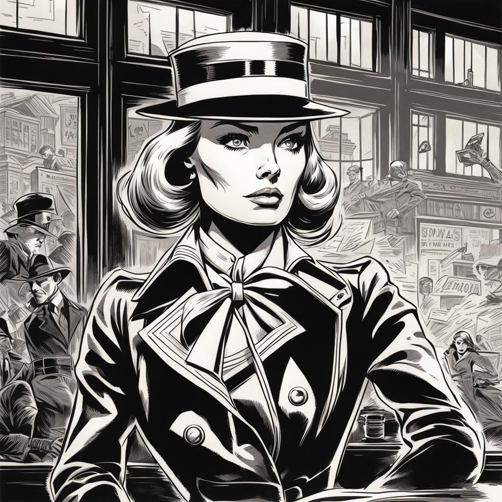 Style of Tenniel,a black and white drawing of a female 1960s spy - AI ...