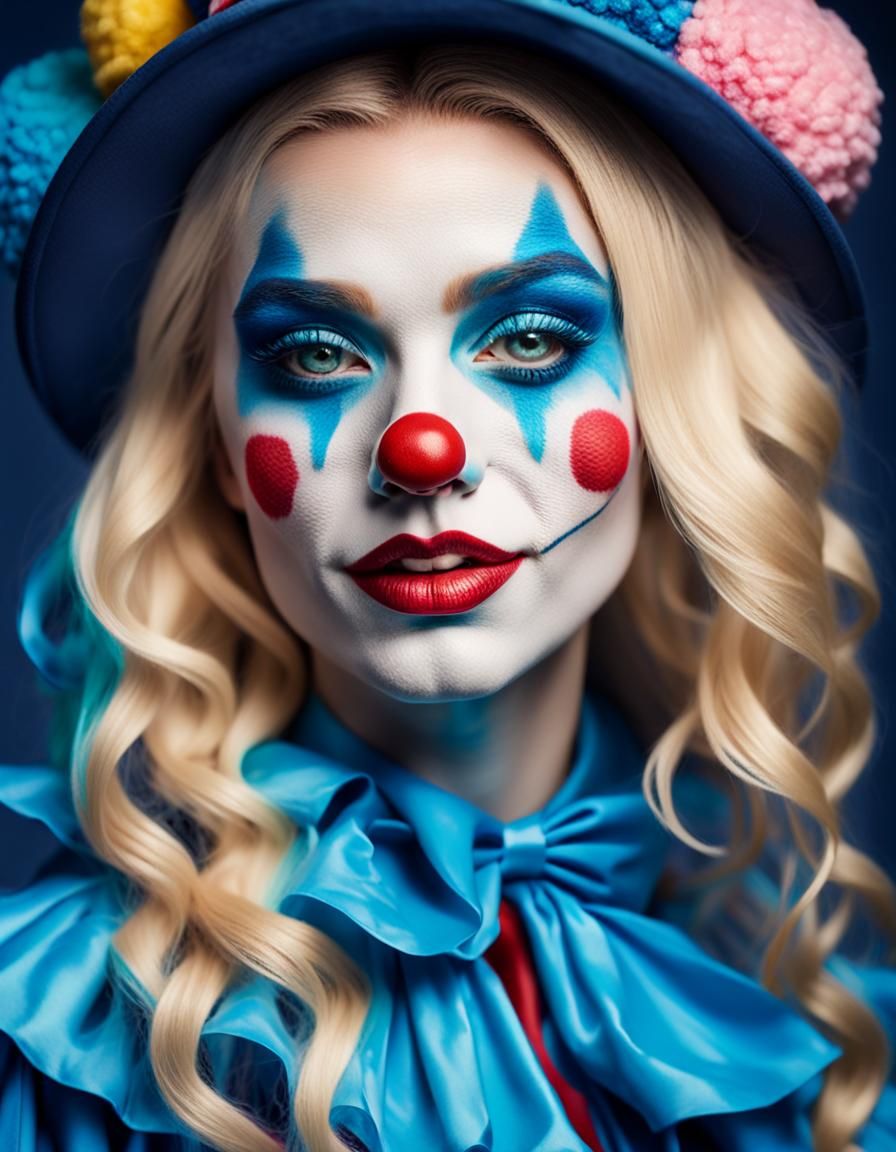 Photo realistic beautiful woman with blond hair and blue clown makeup ...