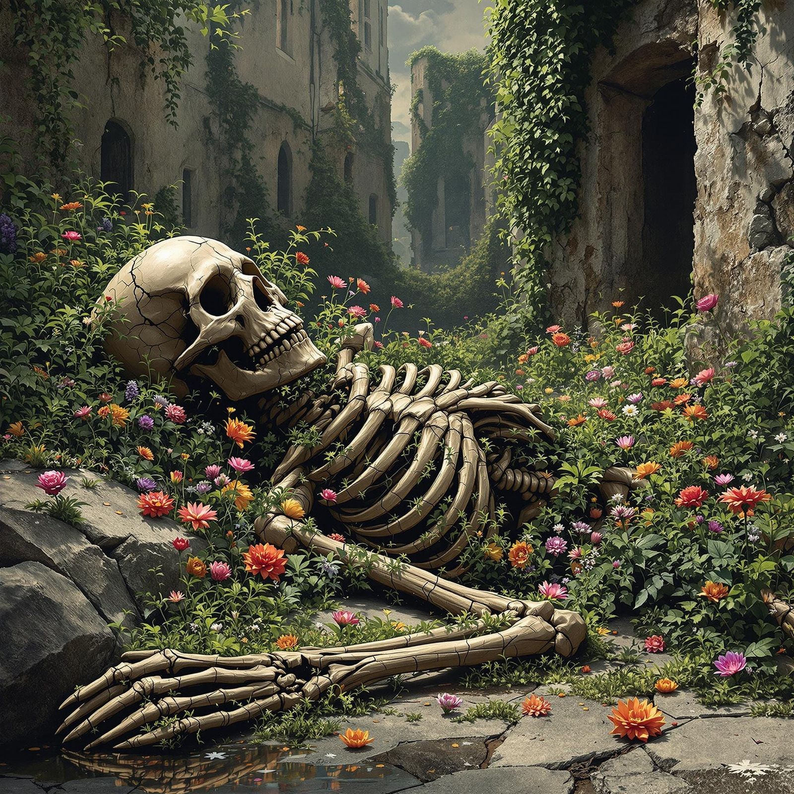 An ancient skeleton with vegetation and flowers growing from it, the ...