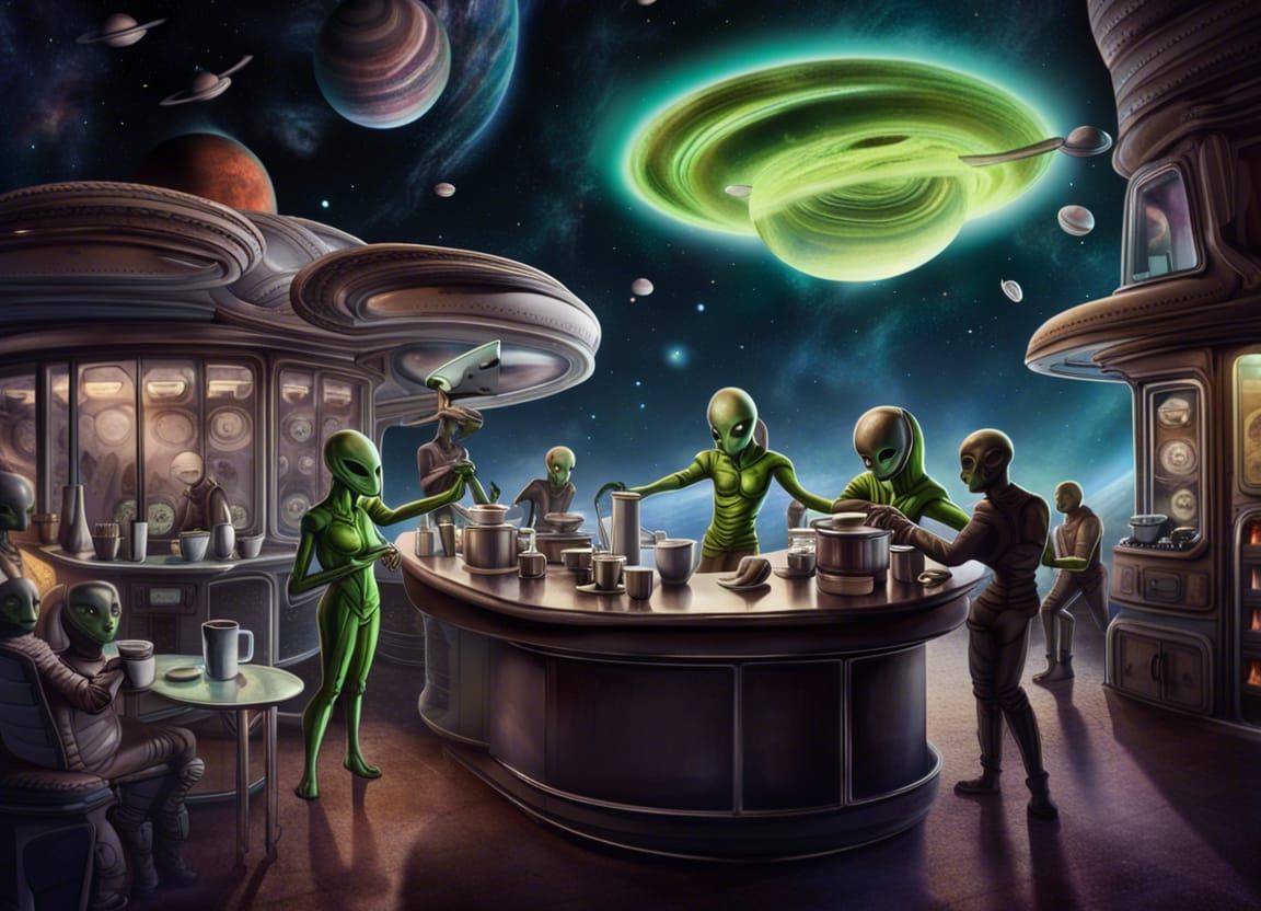 Alien men and woman baristas serving many blends of alien coffee in a ...