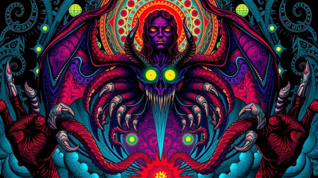 Surreal Horror Mandala Art in Neon and Dark Tones - AI Art