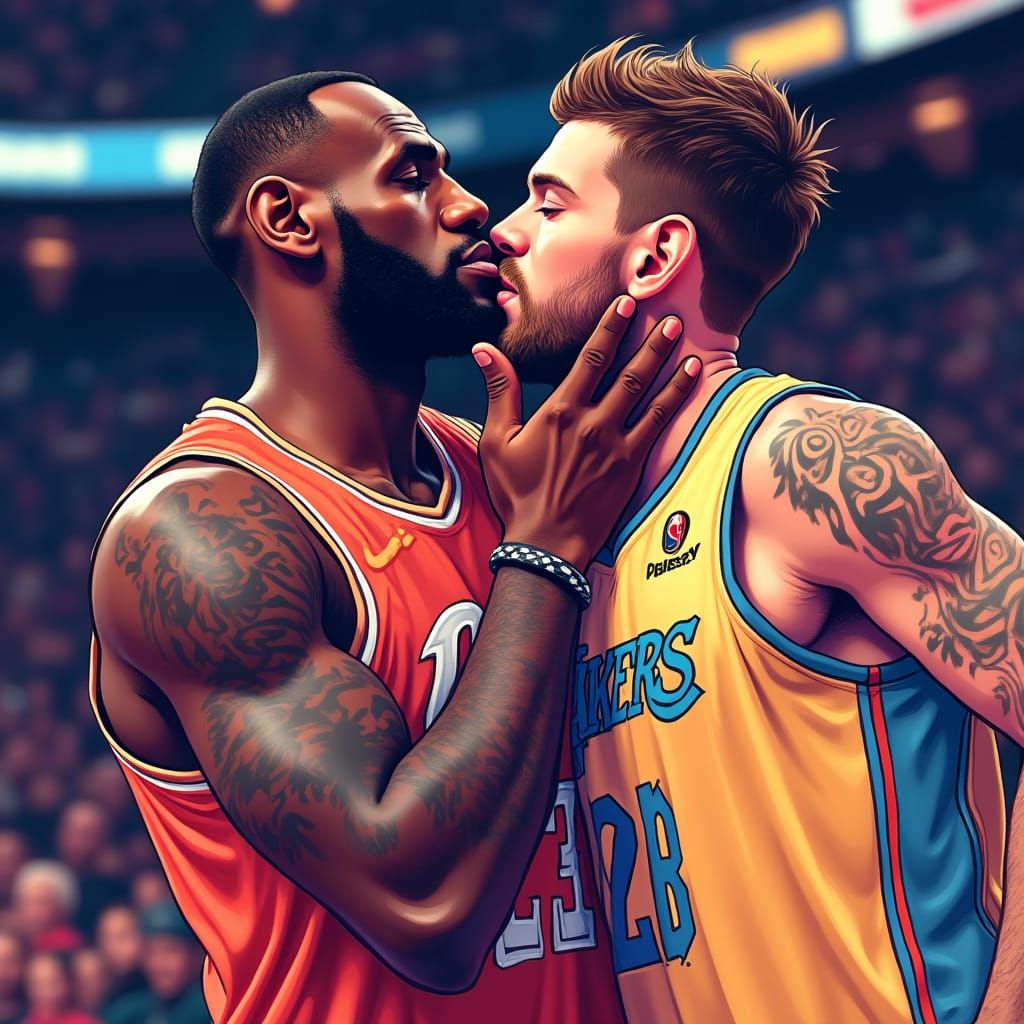 lebron james kissing luka doncic - Lebron James and Luka Don...