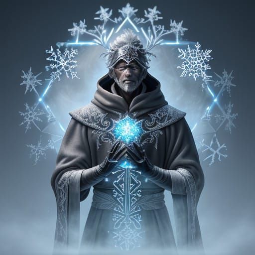 Ancient Blind Monk Beside Glowing Frosty Box in Dr... - AI Art