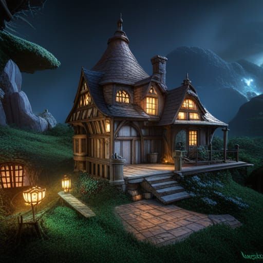 The wizard's cottage, amazingly hyperdetailed matte painting, deep ...