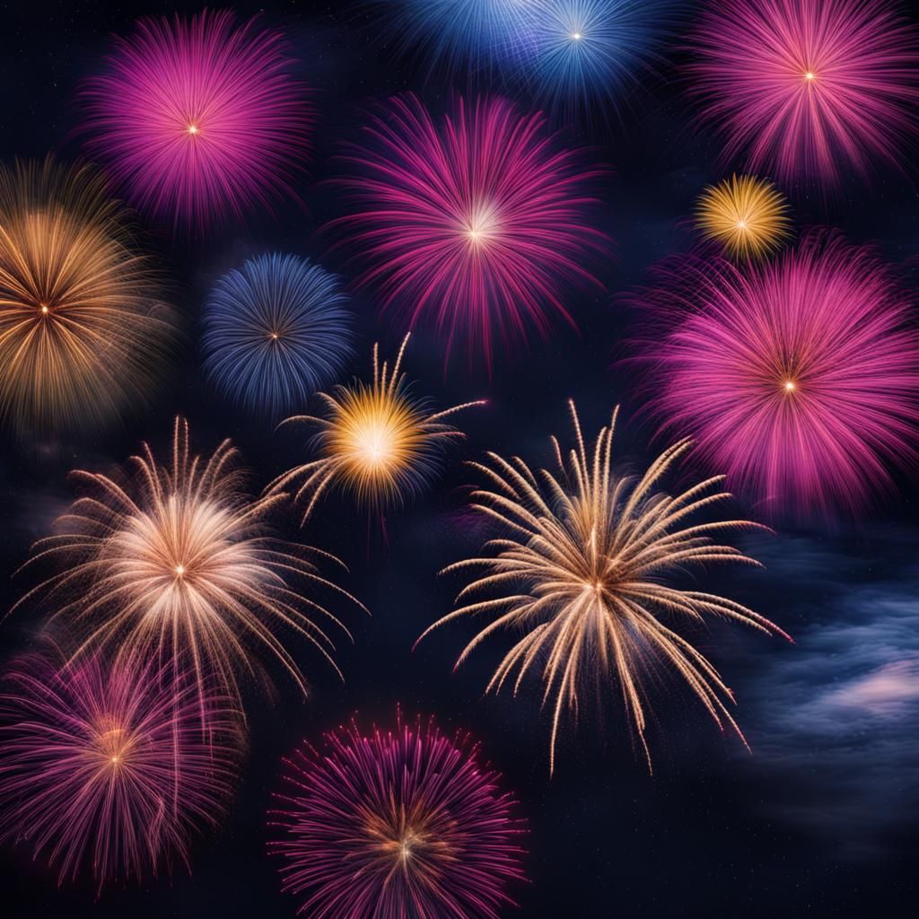 Create a fireworks scene with a starry night sky and metallic blue ...