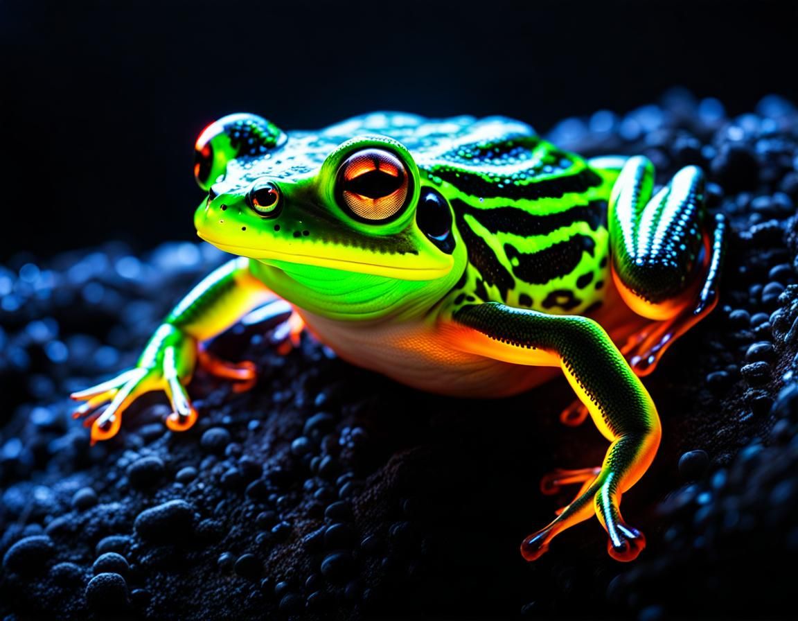 one bioluminescent frog, glowing, fluorescent, UV, neon - AI Generated ...