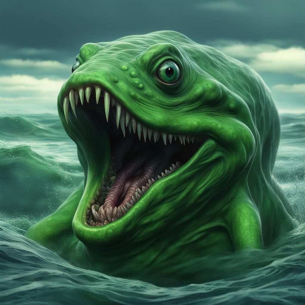 1000 ft tall scary green slimy creature,crptid, scales, sharp teeth ...