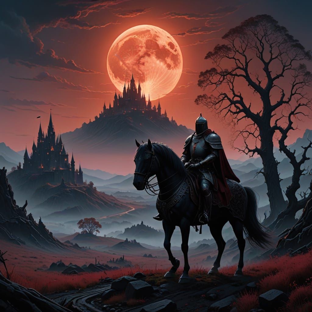 Ethereal Knight Under Blood-Red Moonlit Sky - AI Art