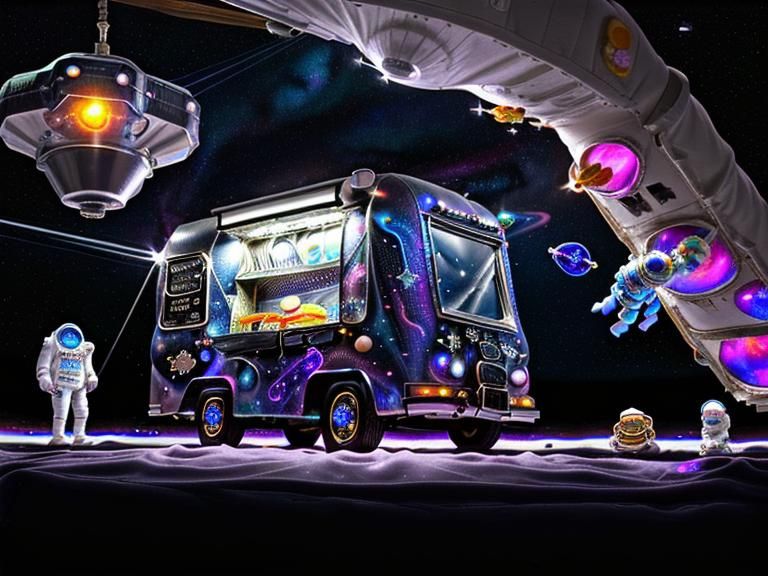 (Detailed space food-truck-ship:1.8): (floating in space:1.4): with a ...