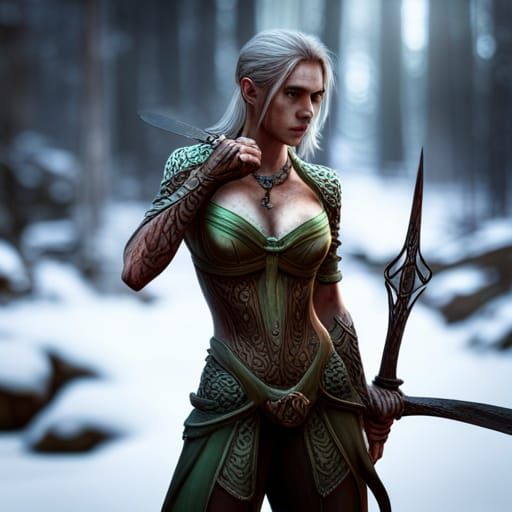skyrim bosmer wood elf in forest with tattos and a sword - AI Generated Artwork - NightCafe Creator