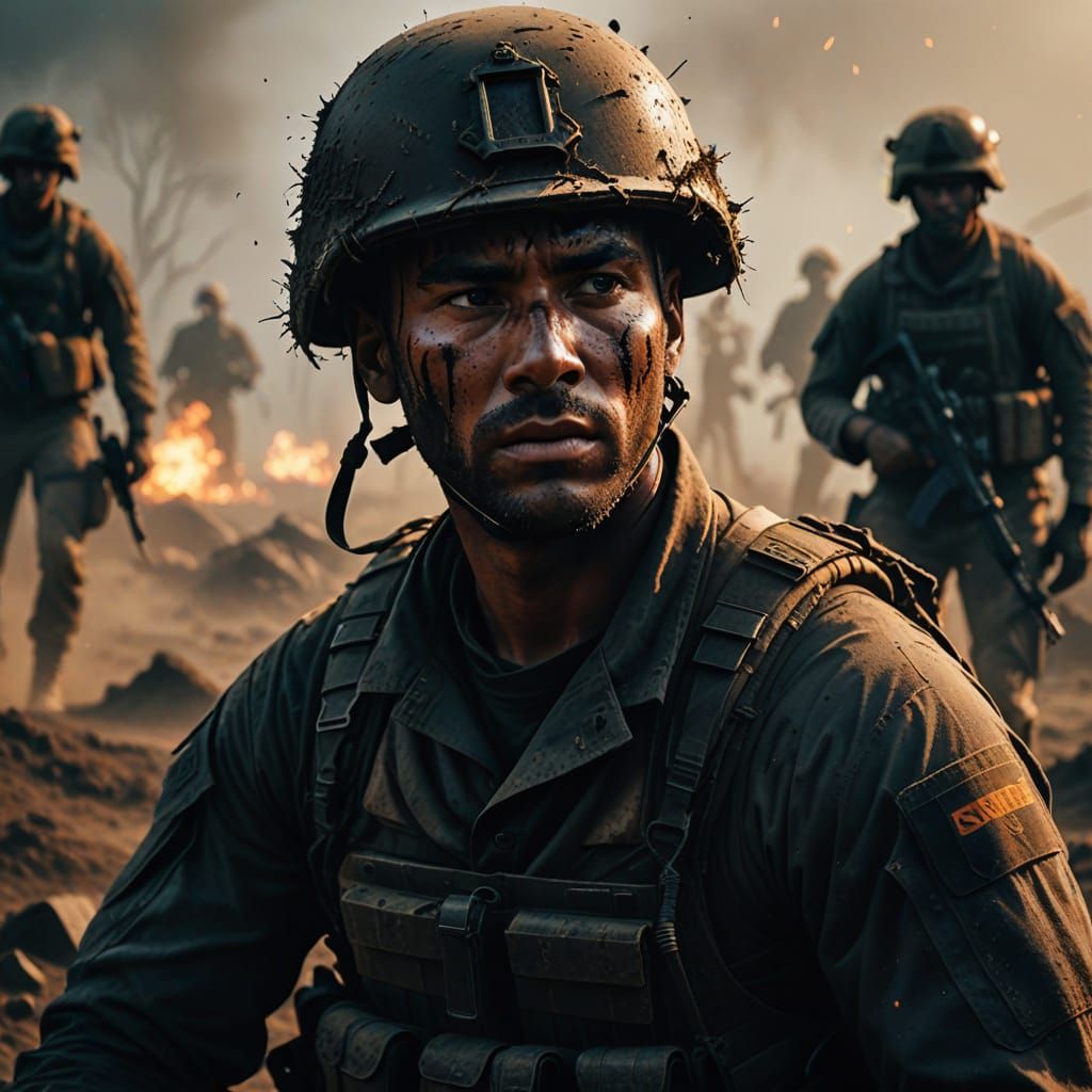 Battle-Weary Soldier in Gritty Warzone Landscape - AI Art