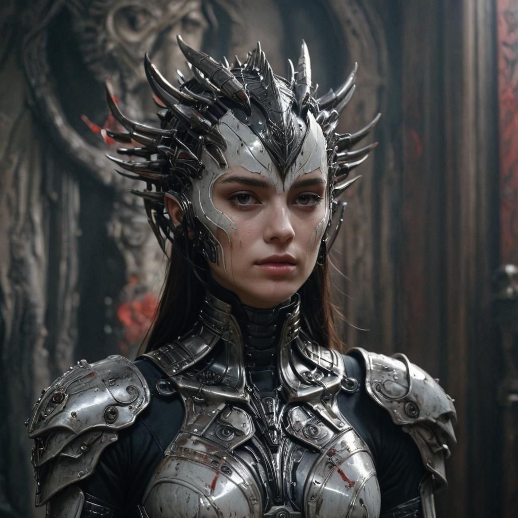 A cinematic-style medium shot of a young, elegant lady with a porcelain ...