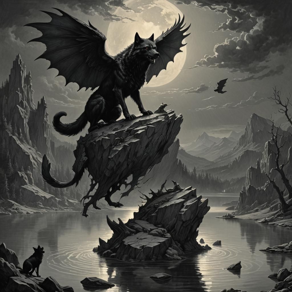 one black wolf with big black demon wings standing on a roch surrounded ...