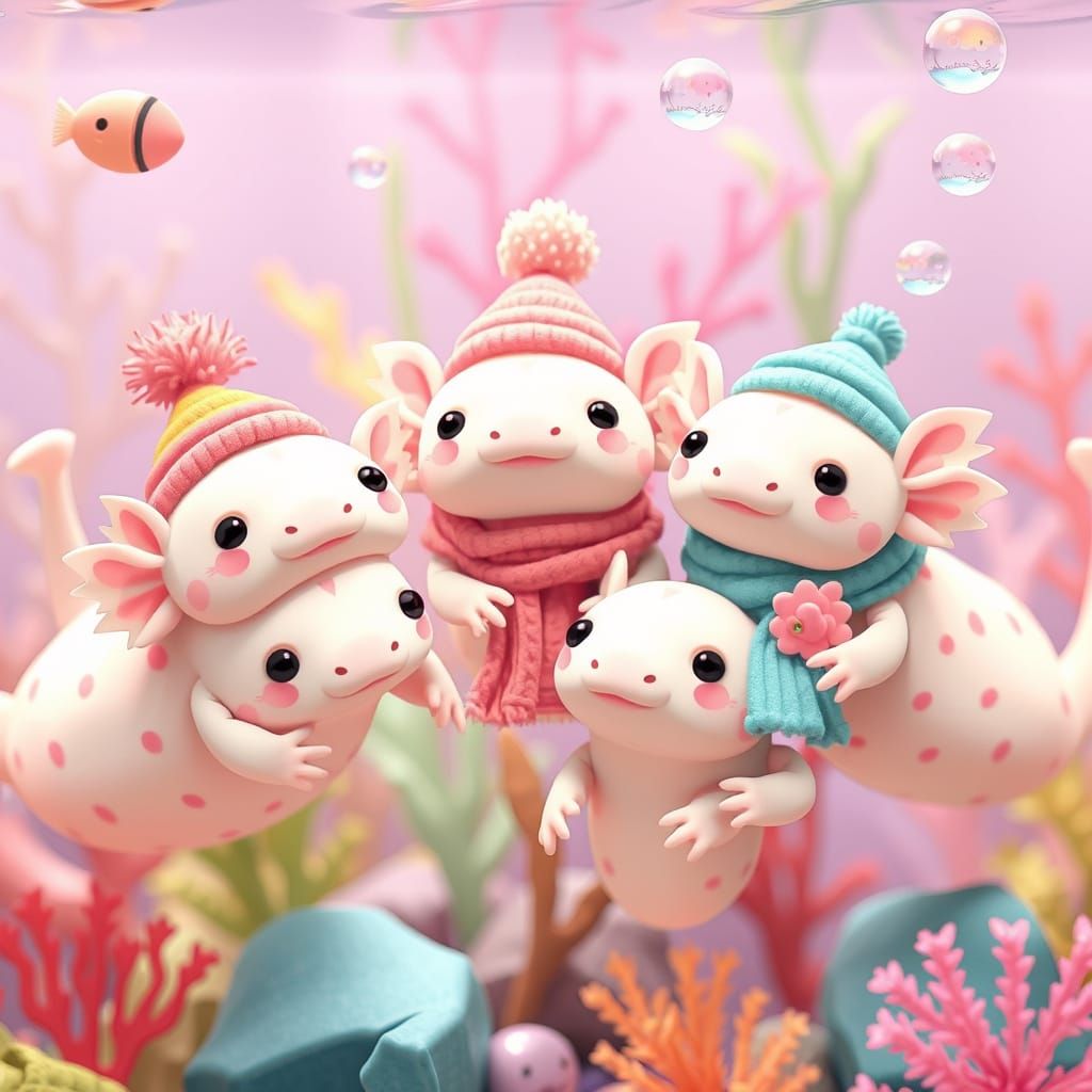 A group of axolotls drawn in a chibi style