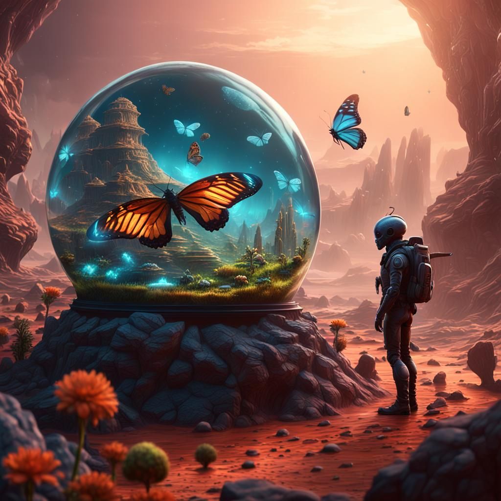 an alien looking at a butterfly terrarium on an alien planet. Epic ...