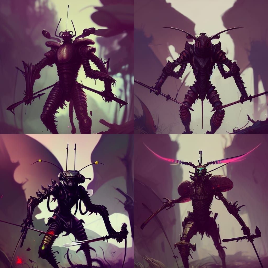 8k :: Alien insect ant warrior medieval with two extra arms wielding ...