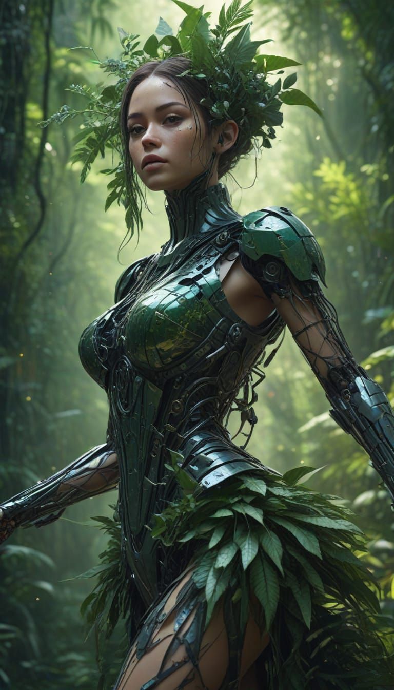 Hyperrealistic Cyborg Dances in Jungle with Pixies - AI Art