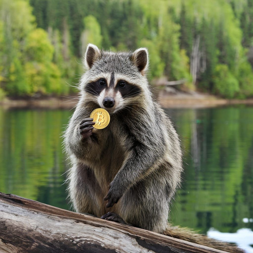 racoon holding crypto coin - Raccoon Sits with Crypto Treasu...