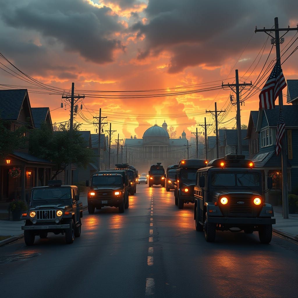 An idyllic American street disturbed by an overwhelming army caravan ...