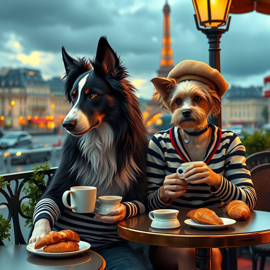a male border collie colored black and white and a female having coffee ...