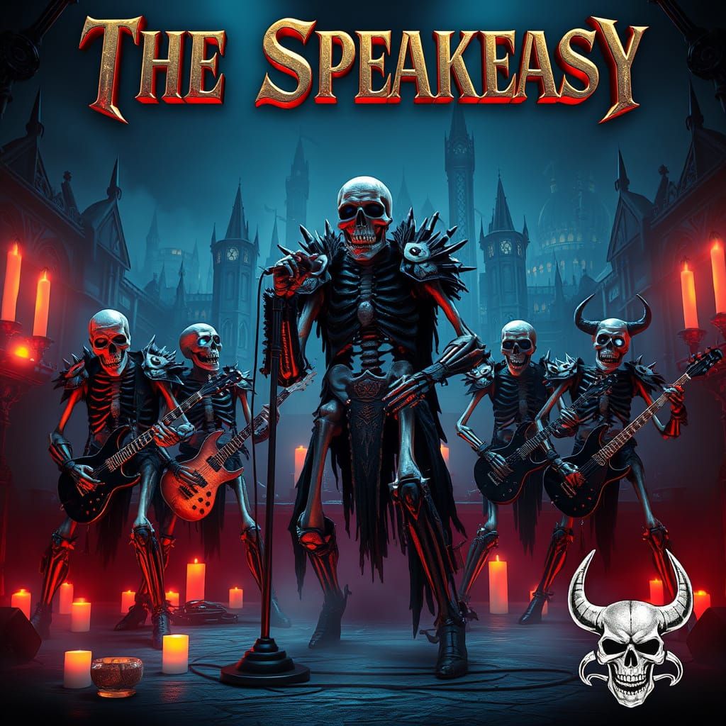 Band of heavy metal skeletons playing instruments on stage. Lead singer ...