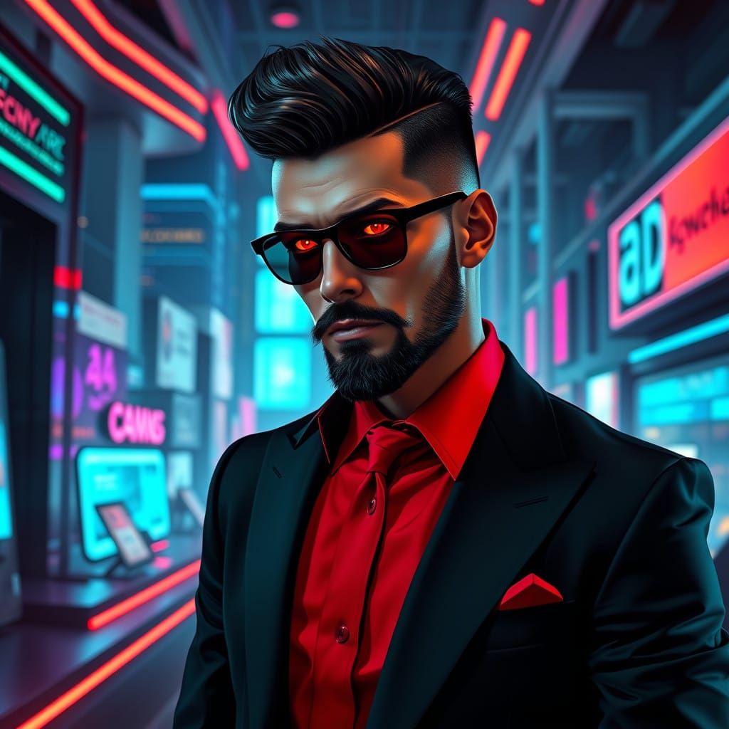 Cyberpunk Executive with Neon Red Eyes in High-Tec... - AI Art