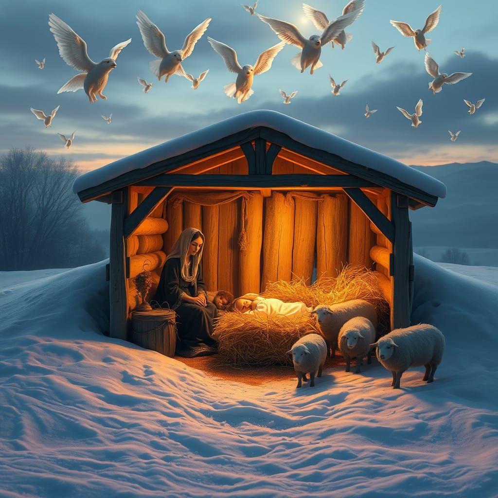 Winter Wonderland Scene with Baby Jesus in a Humbl... - AI Art