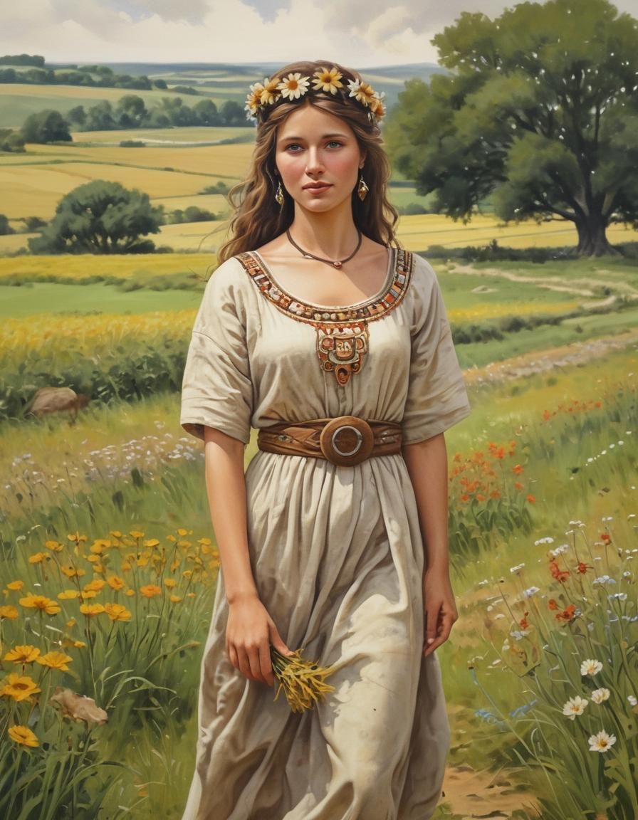 Neolithic Woman - Neolithic Noblewoman in Soft Watercolor Oi...