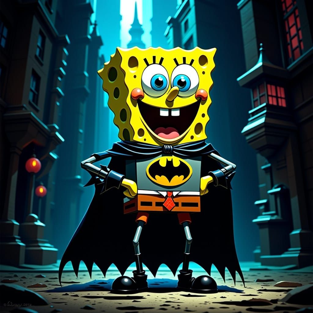 Spongebob as Dark Knight in Gritty Bikini Bottom - AI Art