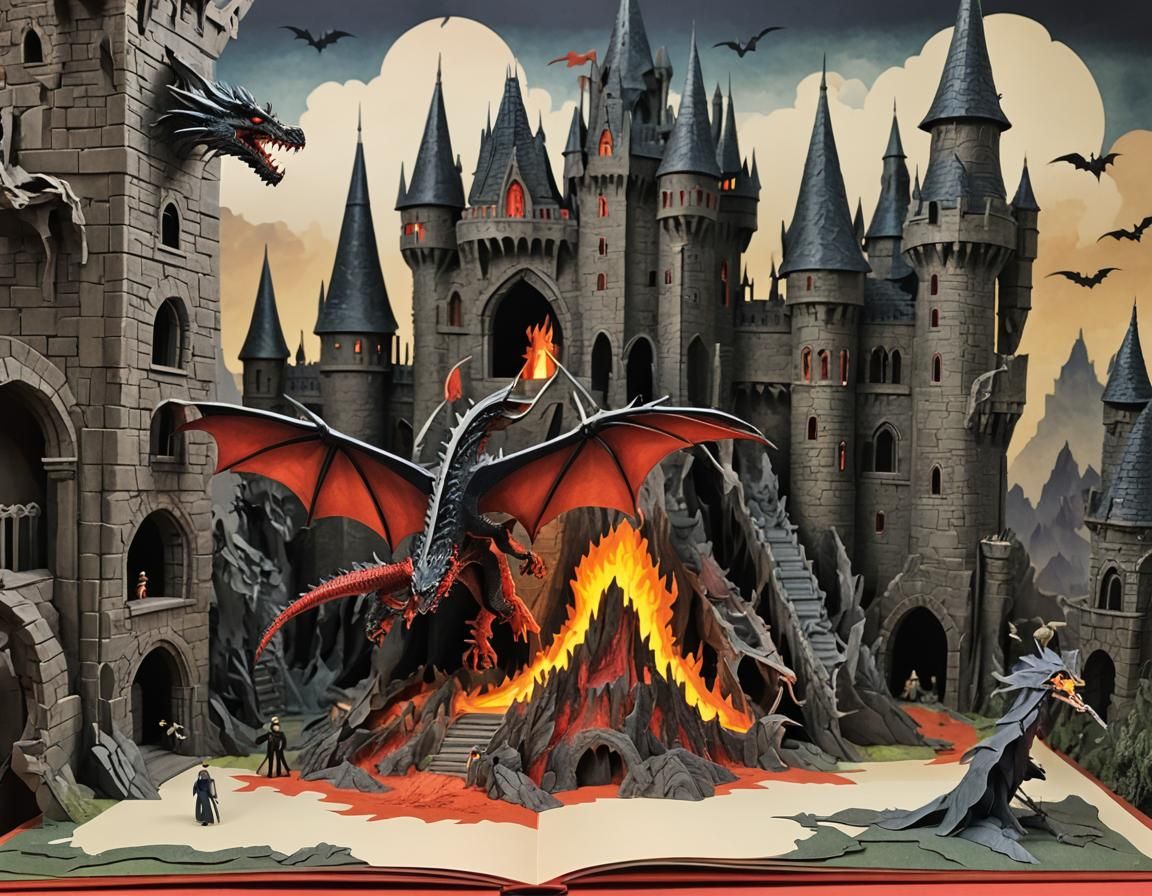 action pop-up book showing fantasy lands, fire breathing dragon ...