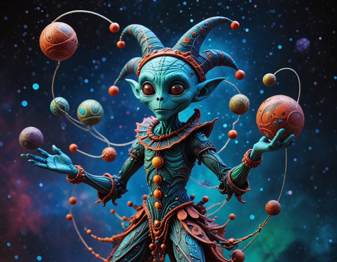 Planet Juggler - Whimsical Alien Jester in a Cosmic Dance