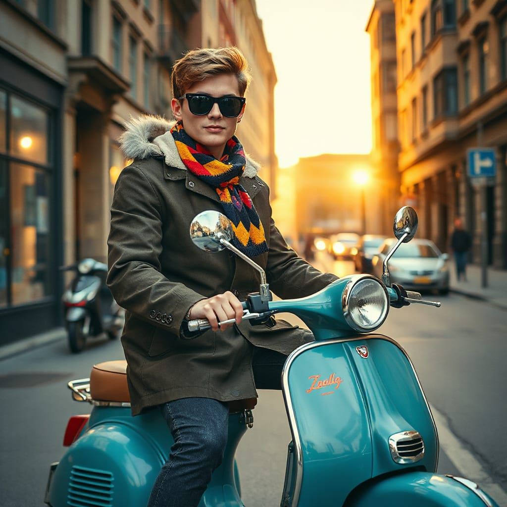 Mod wearing a parka on a mod scooter wrapped in "black sheep boy" artwork