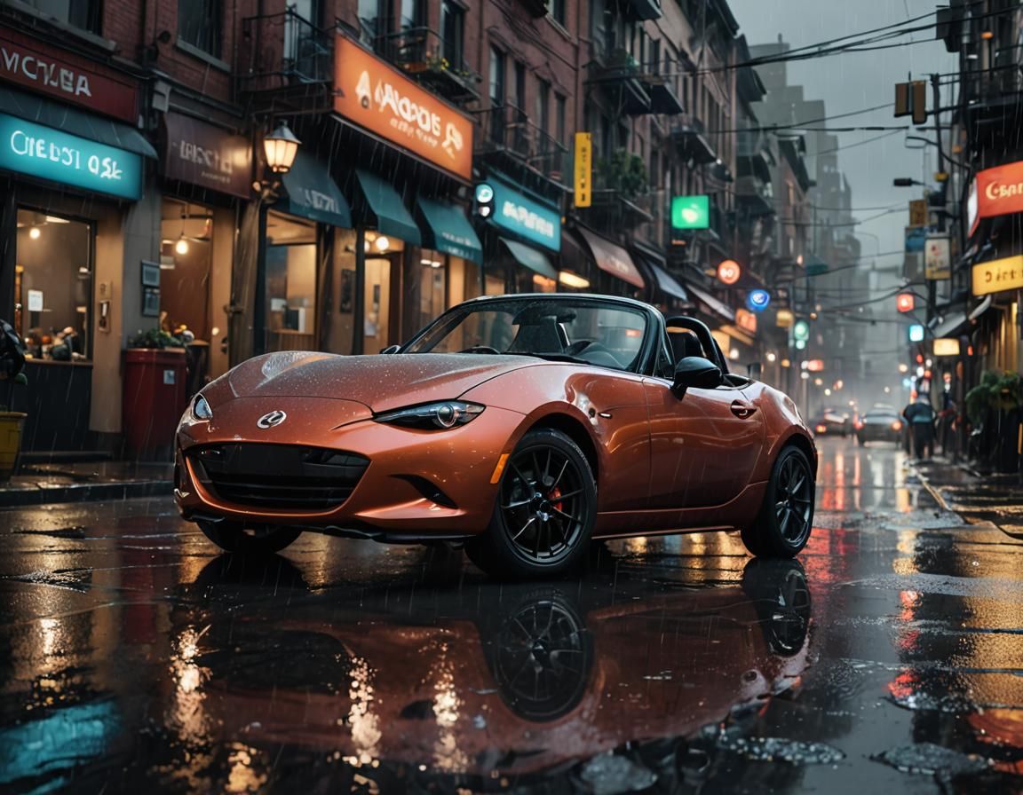 cinematic centered a miata (MX5) reflective lights in city rain - AI ...