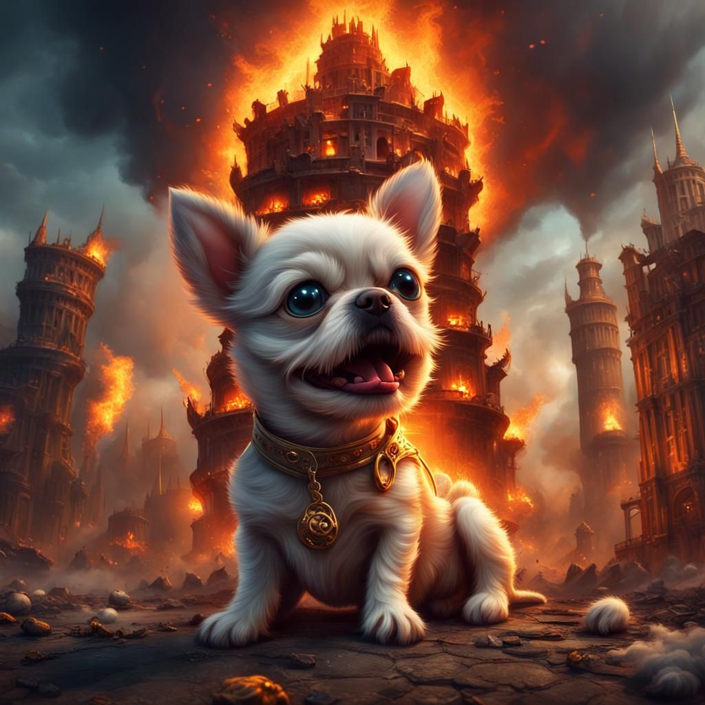 A tiny dog with 3 heads, big eyes and smiley faces, with a long tongue ...