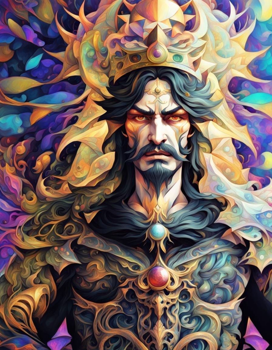 portrait of a mystical demon king with a mesmerizing look, intricately ...