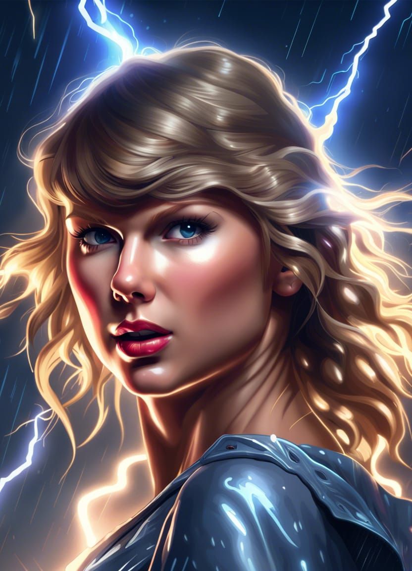 "Taylor Swift 4K photorealistic dynamic lens flare night sky raining ...
